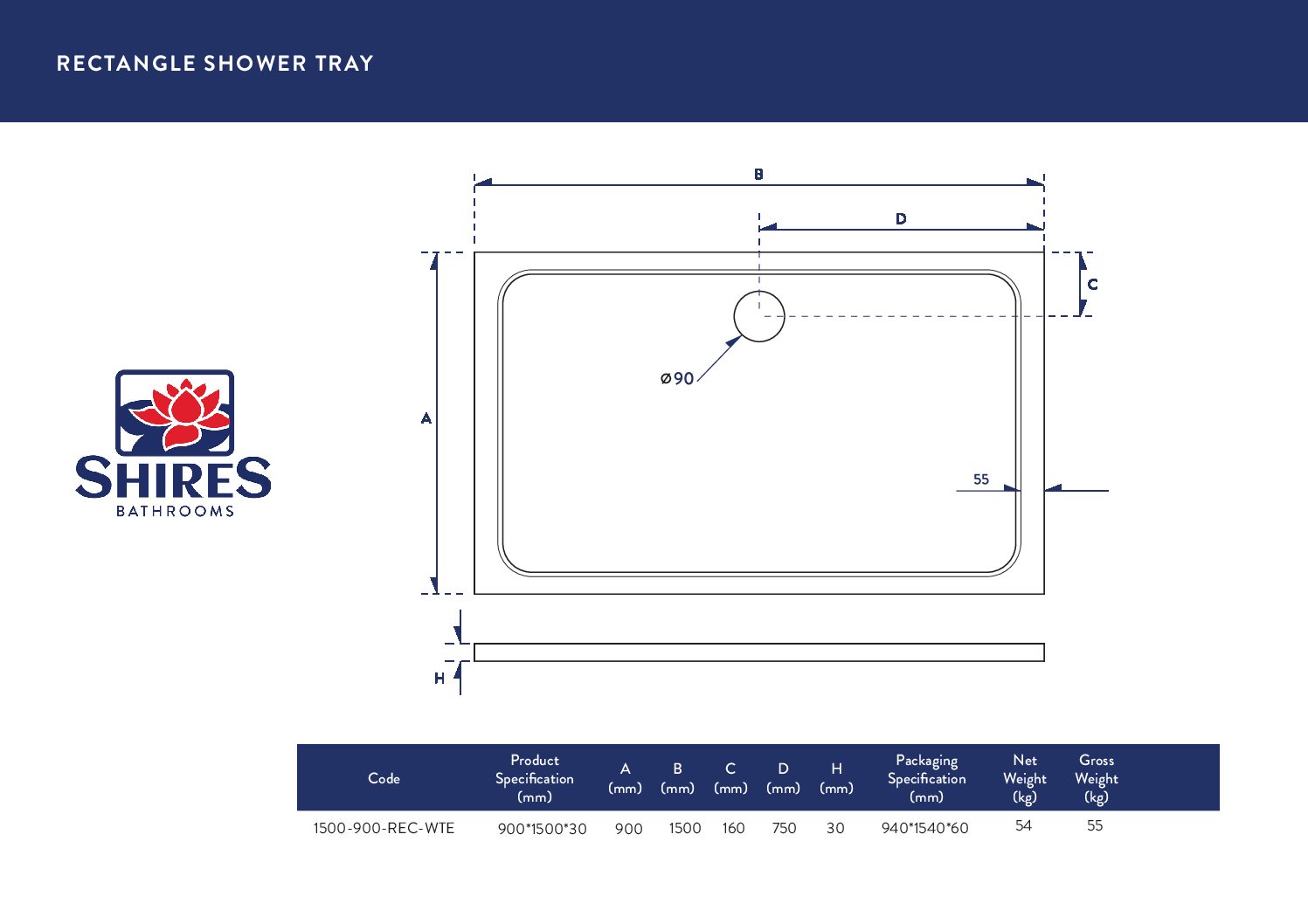 Gel Coat Rectangular Shower Tray 1500 X 900 | Scudo Bathrooms